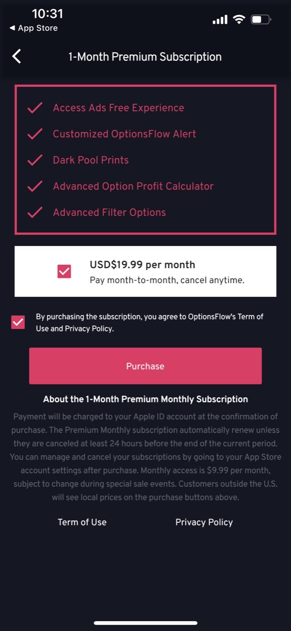 OptionsFlow — Paywall Screenshot ($0/mo)