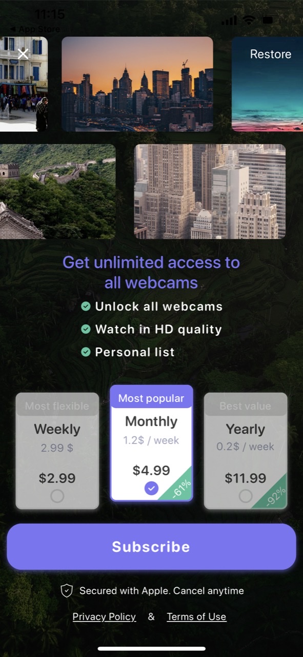 Earth cameras: street view — Paywall Screenshot ($0/mo)