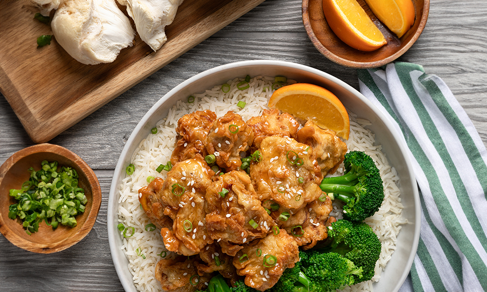 Lion’s Mane Orange “Chicken” Rice Bowls
