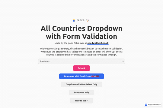 Countries Form Dropdown with Validation Webflow Cloneable