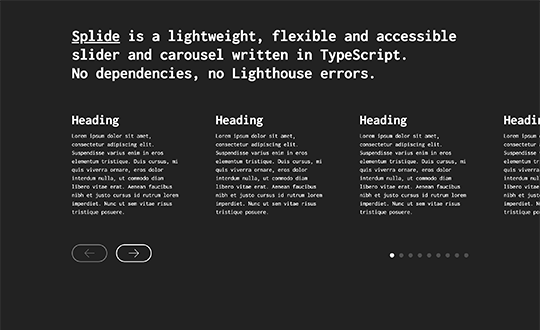 Dark UI Slider via Splide.js Webflow Cloneable