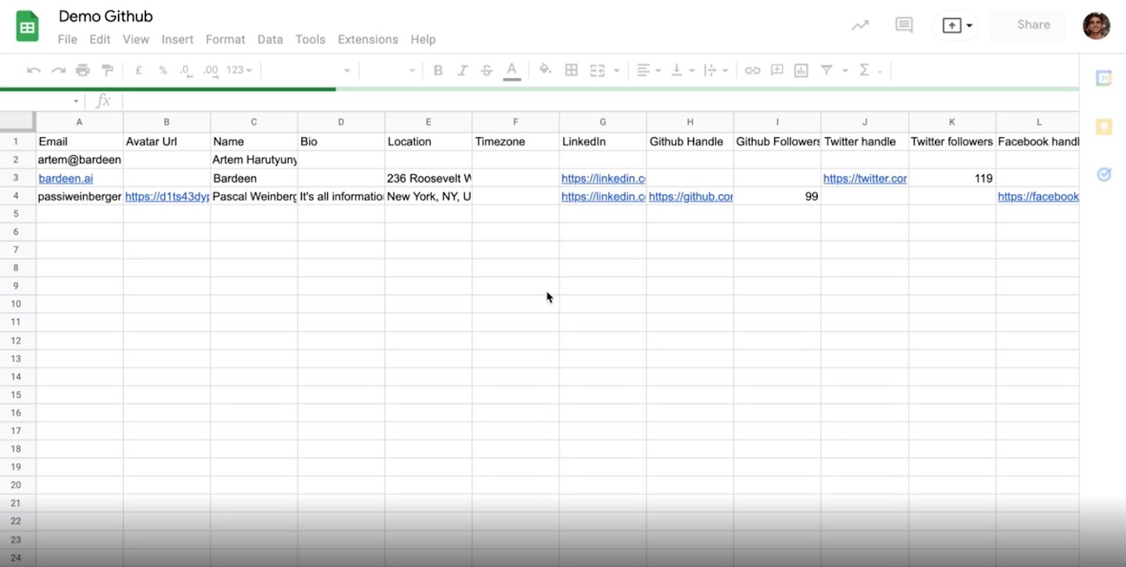 Add GitHub users’ emails and social media links to Google Sheets
