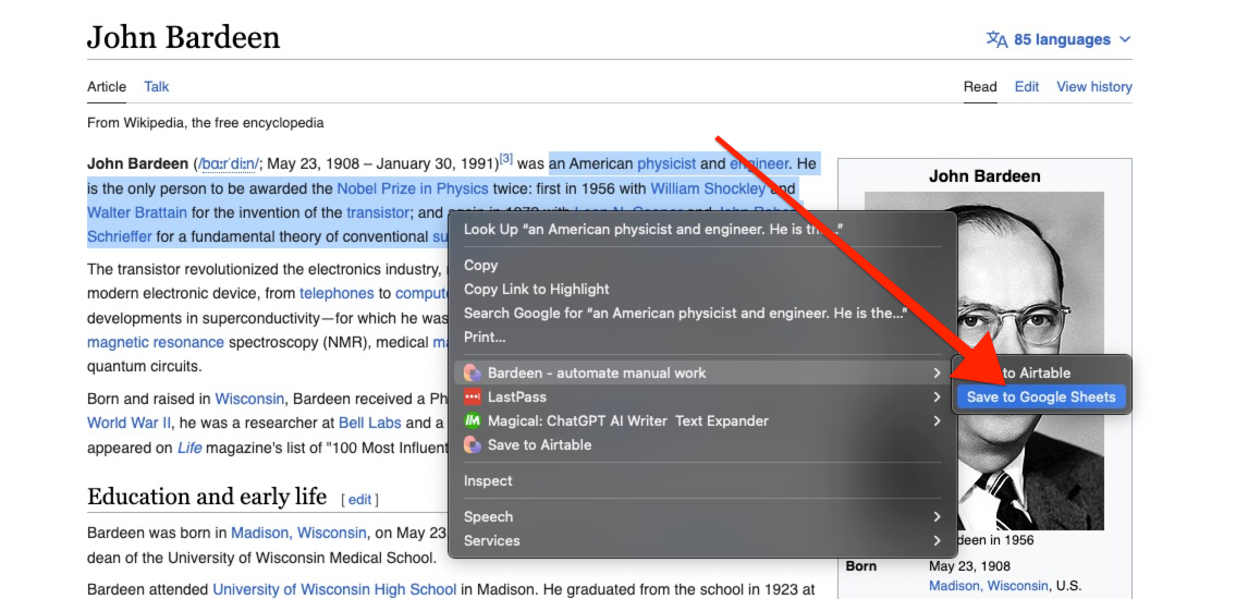 Instantly Save Web Text to Google Sheets | Bardeen Automation