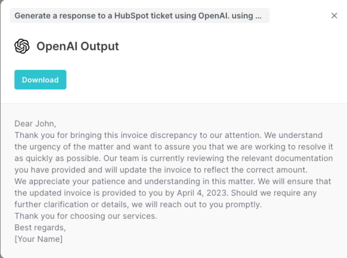 Generate a response to a HubSpot ticket using OpenAI.