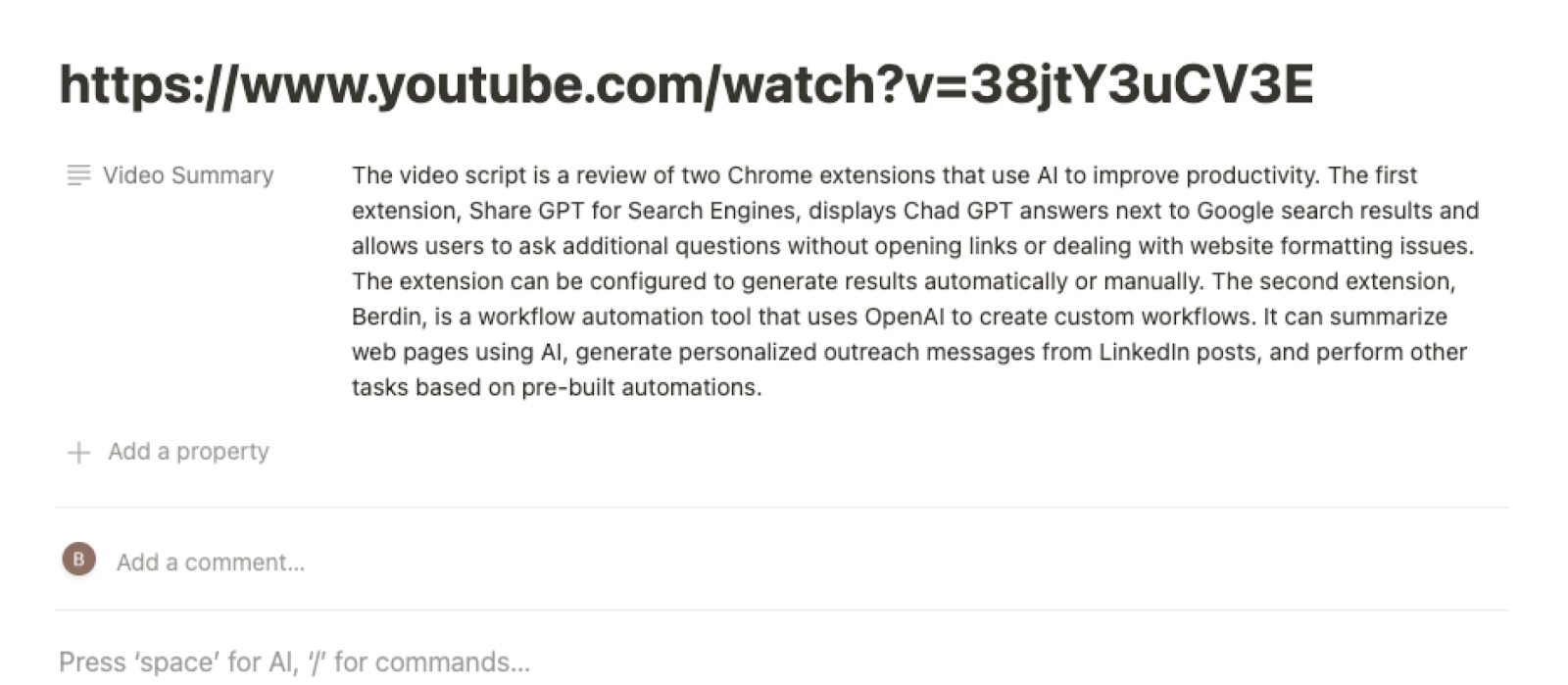 Get a summary from the currently opened Youtube video using OpenAI and save to Notion