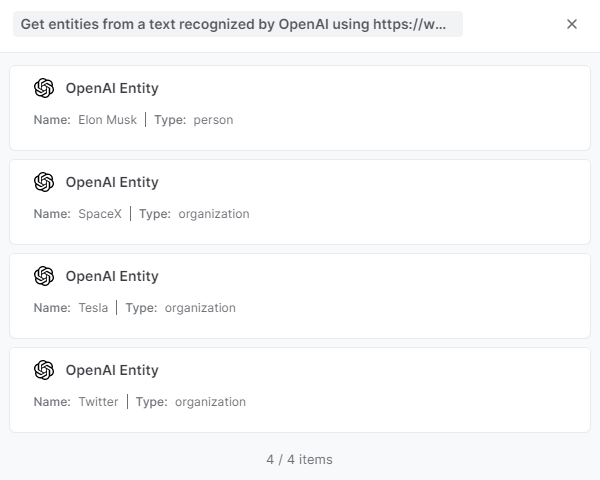 Get entities from a text recognized by OpenAI