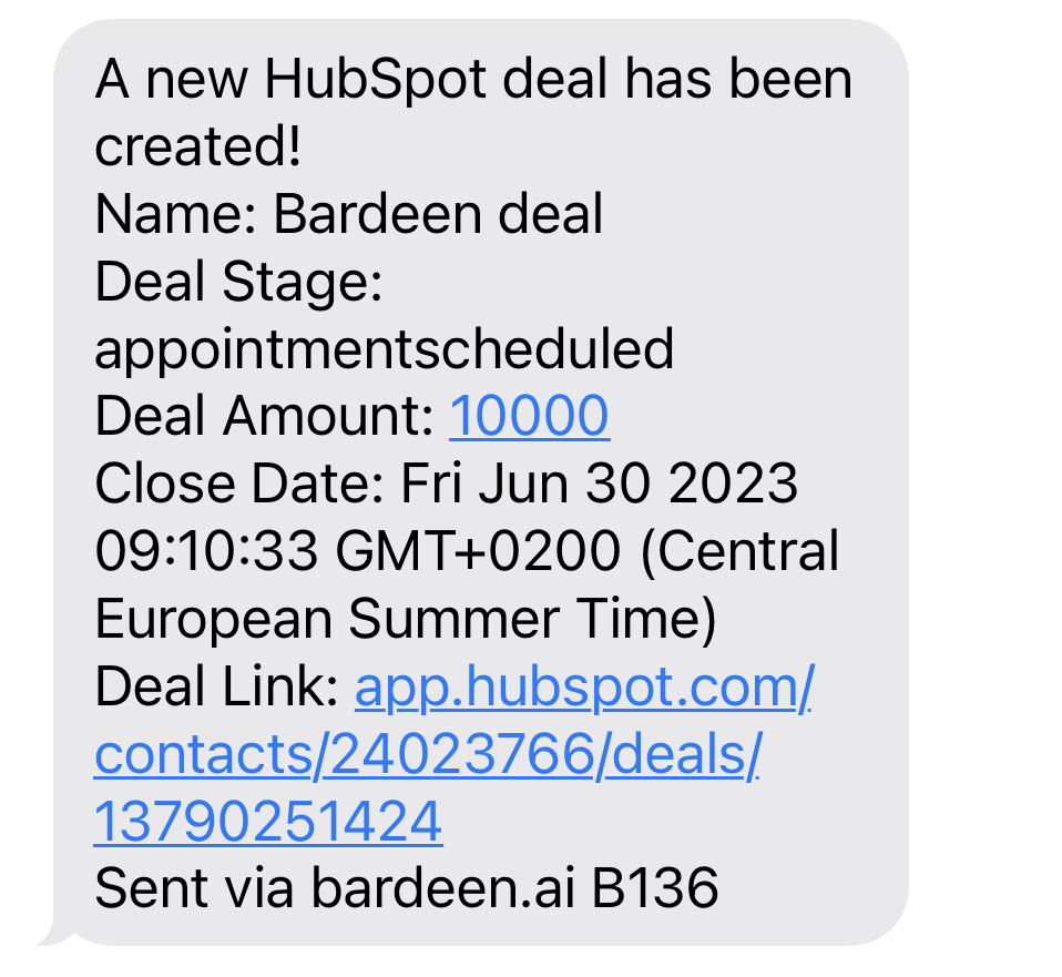 Instant SMS Alerts for New HubSpot Deals | Bardeen Automation