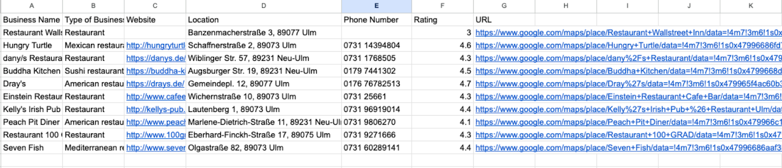 Save information from Google Maps search results to Google Sheets