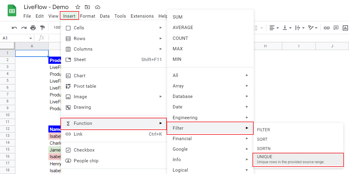 UNIQUE Function In Google Sheets Explained LiveFlow