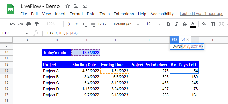 DAYS Function in Google Sheets: Explained | LiveFlow