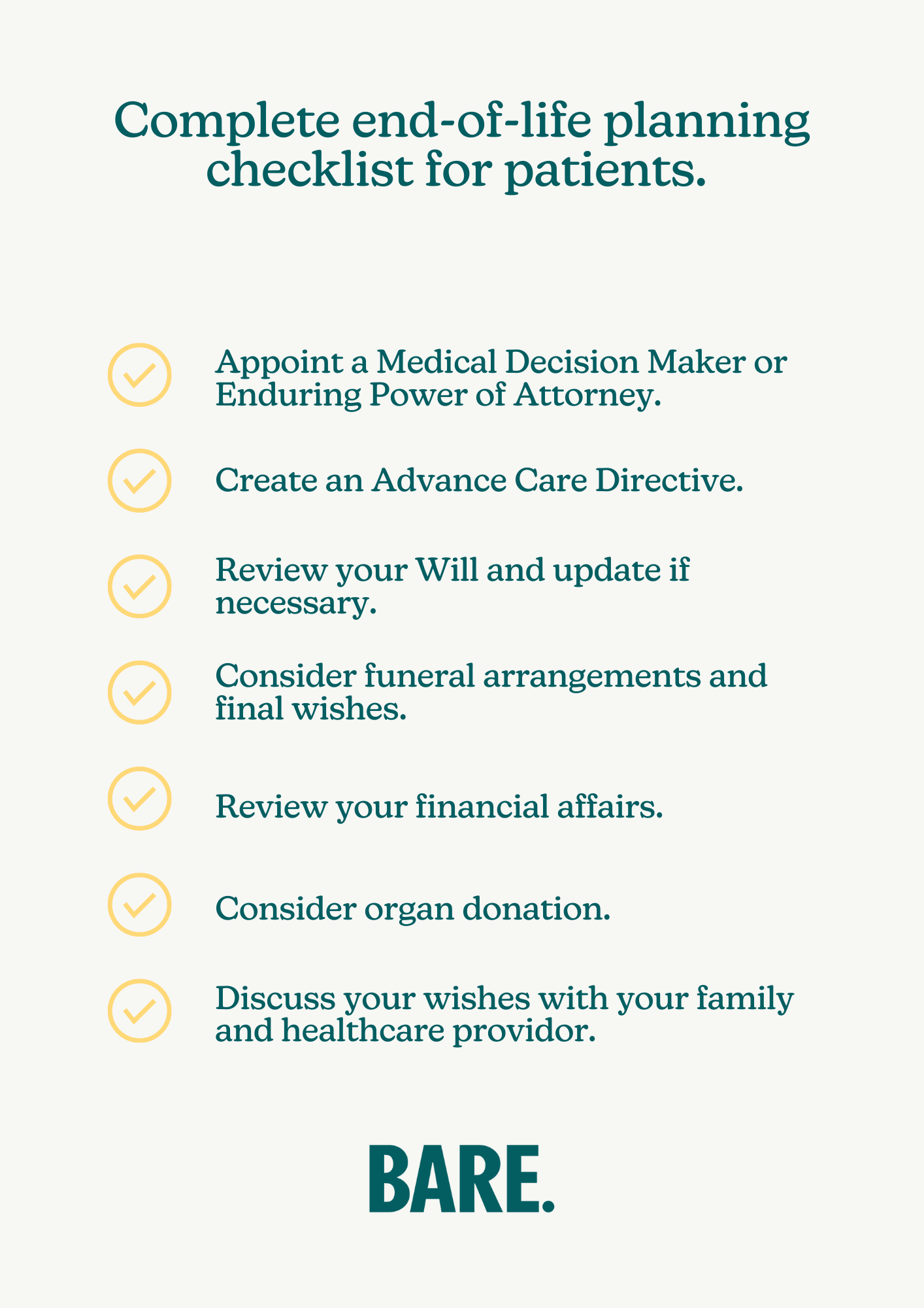 Complete end-of-life planning checklist for Nurses and Patients. - Bare