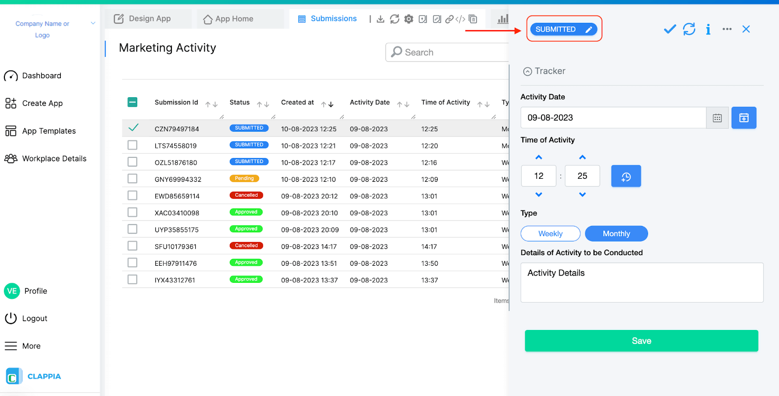 How to set review status on submissions | Clappia