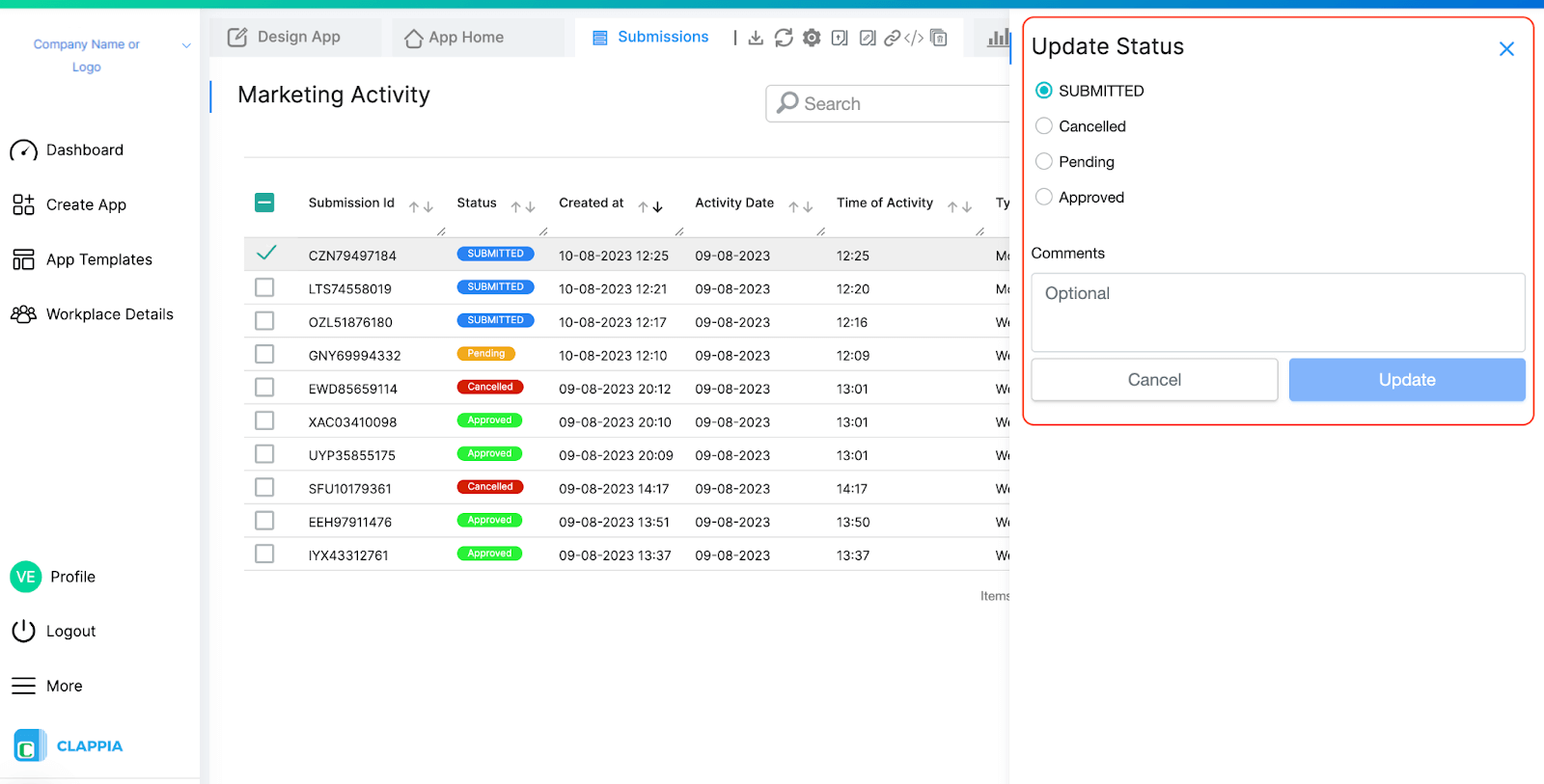 How to set review status on submissions | Clappia