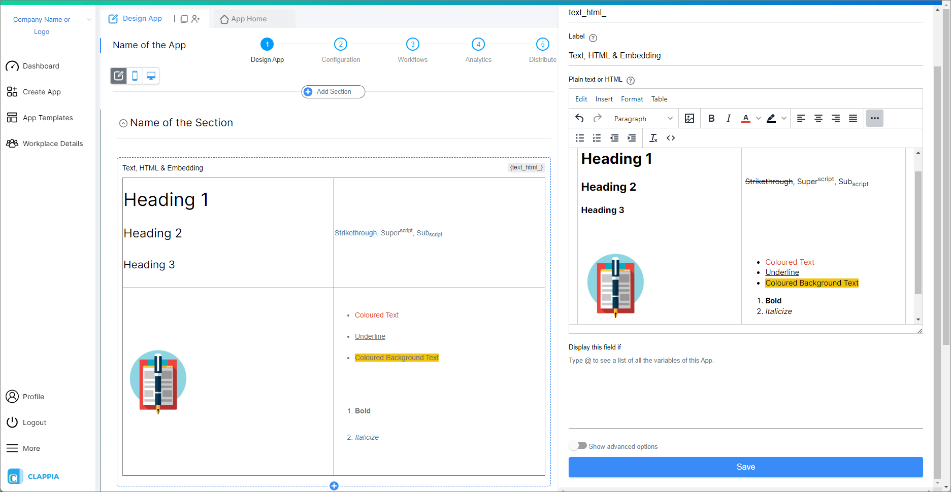 Text, HTML, and Embedding | Clappia
