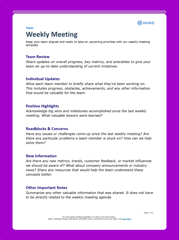 How To Nail Your Weekly Team Meeting 6 Free Agenda Templates 