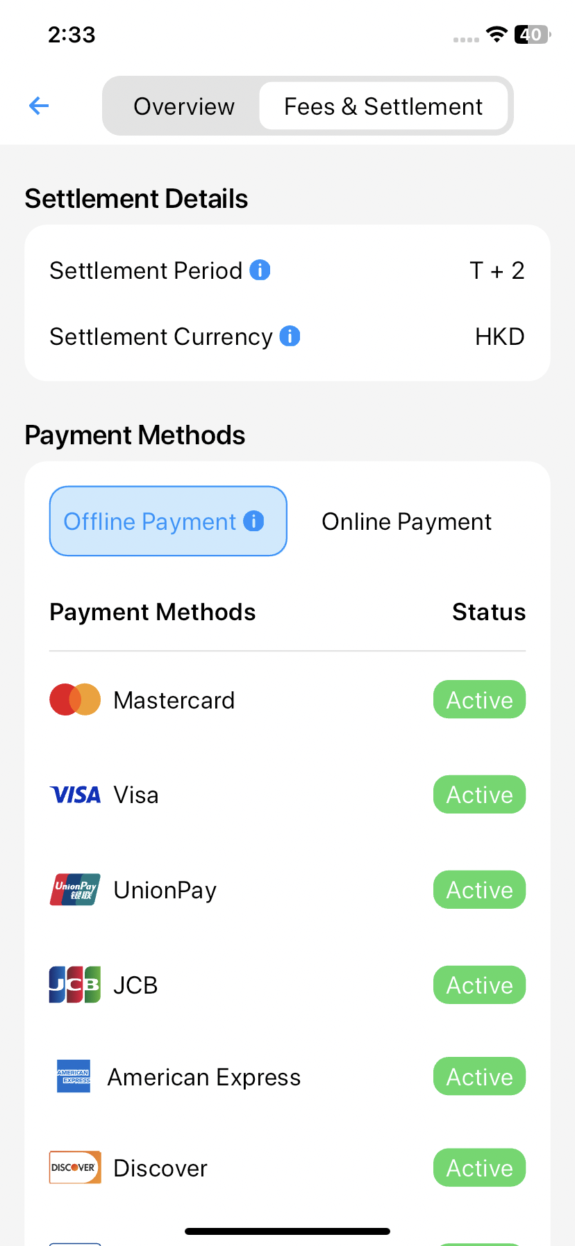 View Settlement and Payment Methods Configuration of My Business