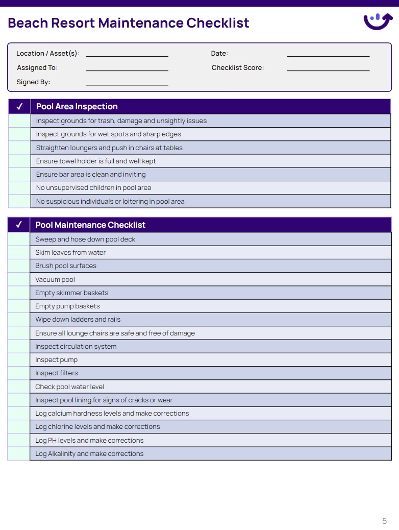 Beach Resort Maintenance Checklists | Xenia Templates