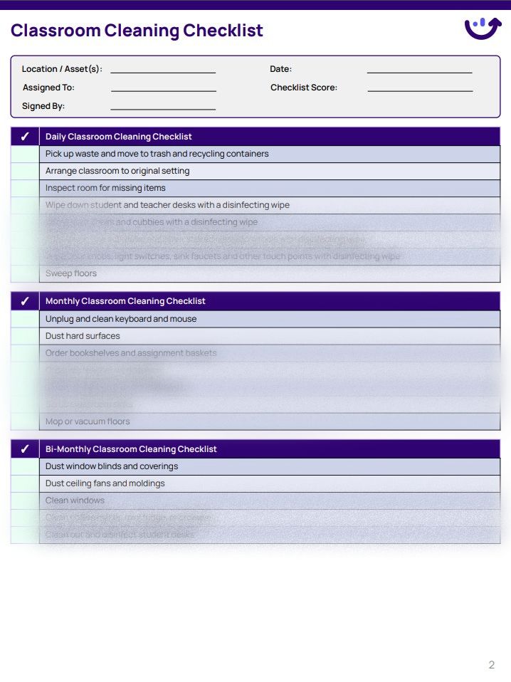 Classroom Cleaning Checklist | Xenia Templates