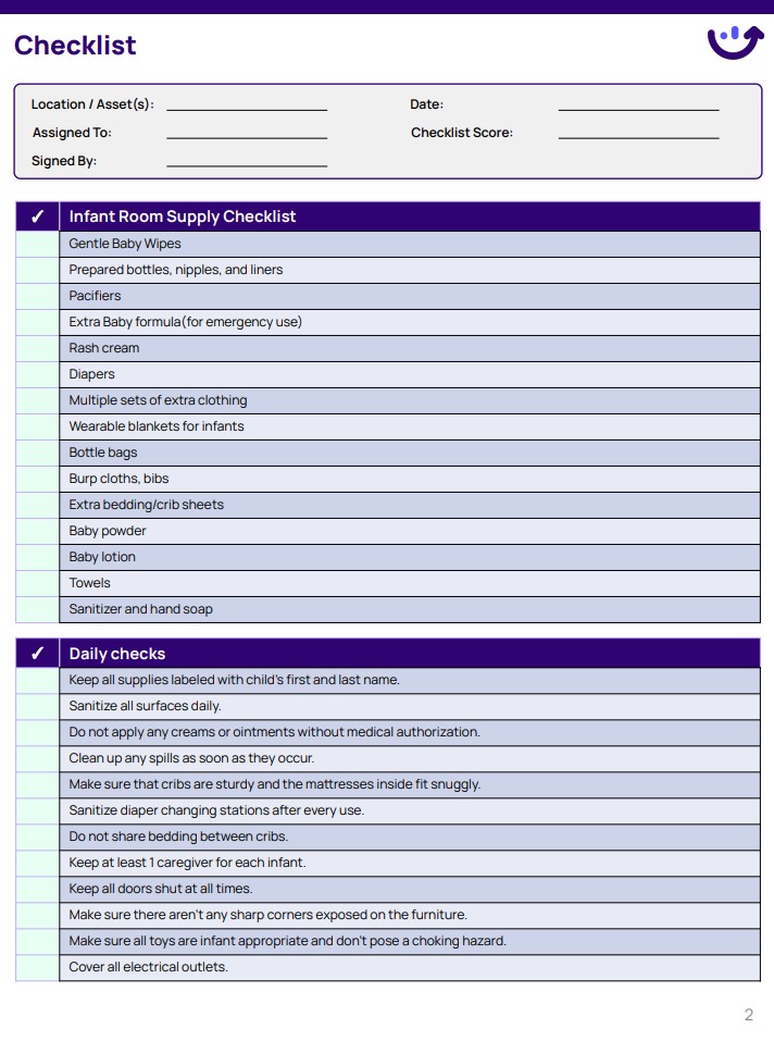 Daycare Infant Room Checklist | Xenia Templates