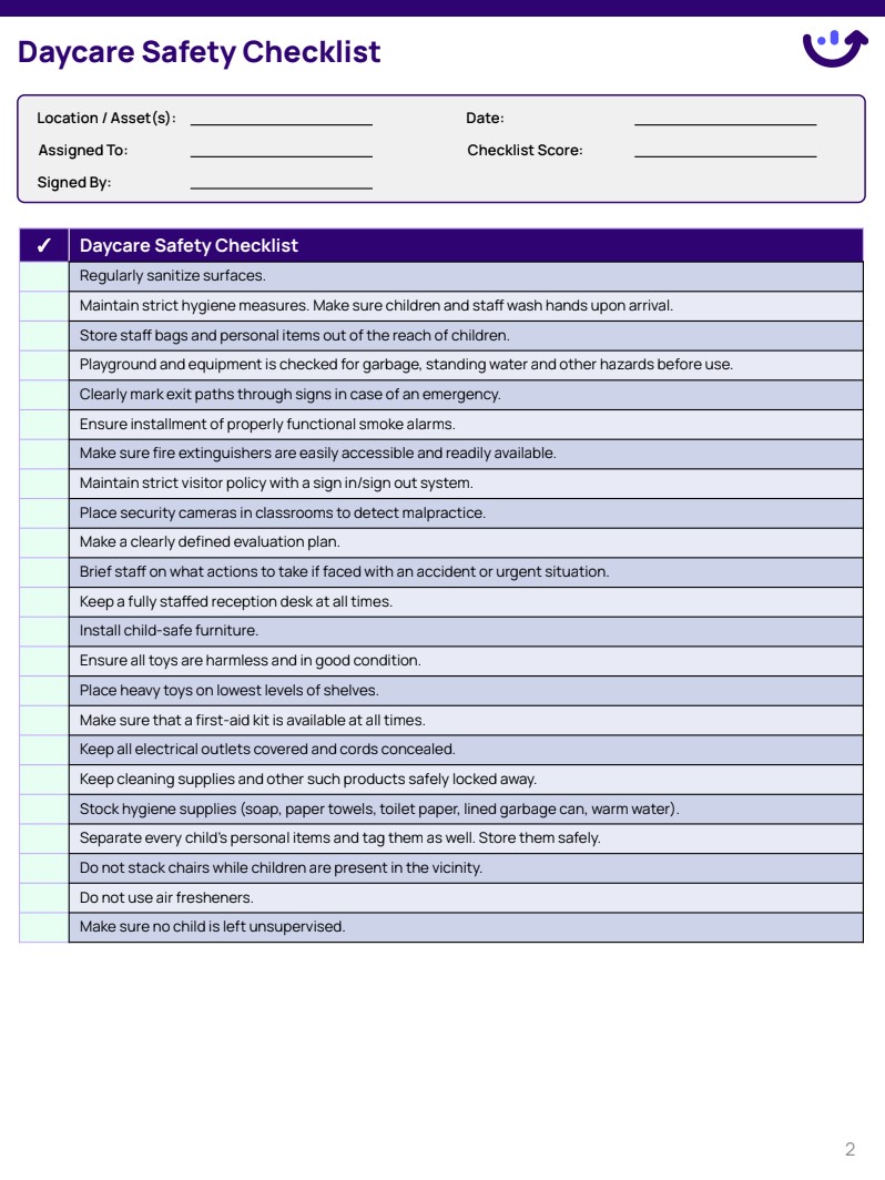 Daycare Safety Checklist | Xenia Templates