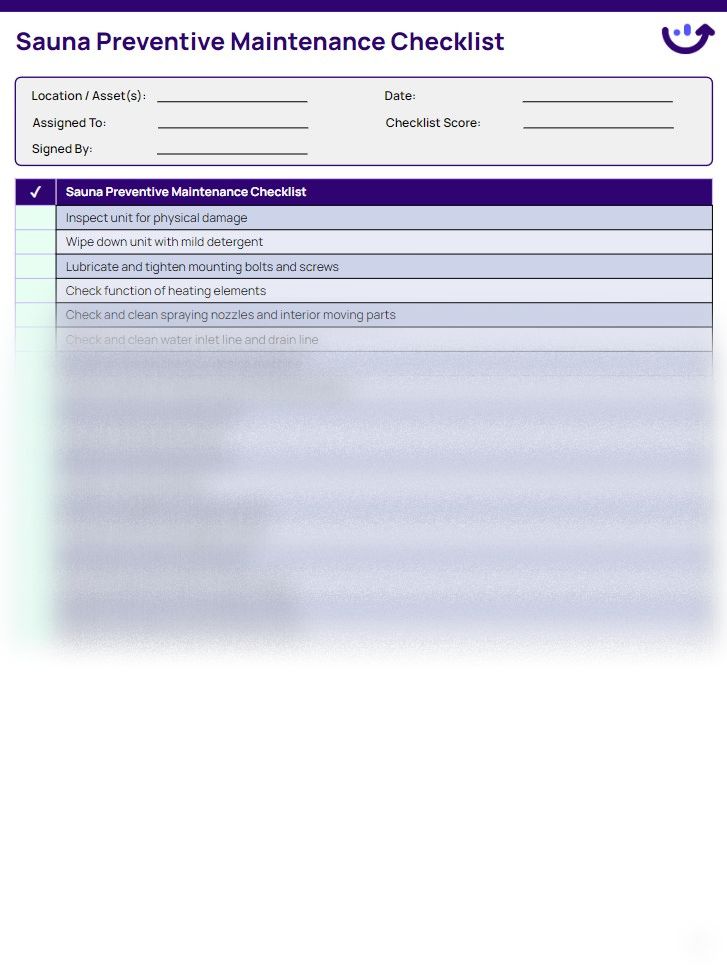Sauna Preventive Maintenance Checklist | Xenia Templates