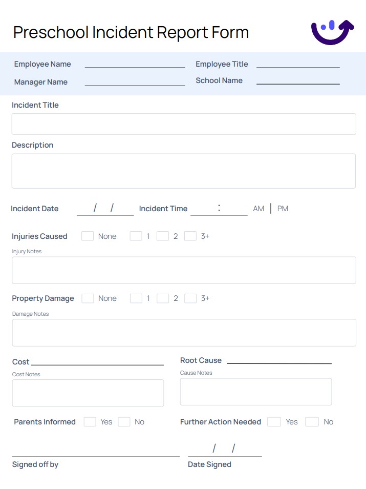Preschool Incident Report Form | Xenia Templates