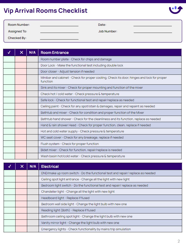 Vip Arrival Rooms Checklist | Xenia Templates