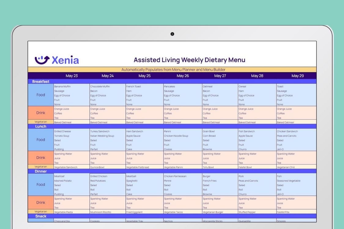 Assisted Living Dietary Menu Calendar | Free Tools by Xenia