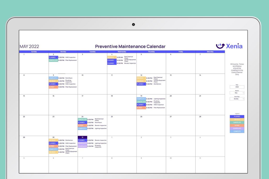 Hotel Preventive Maintenance Calendar | Free Tools by Xenia