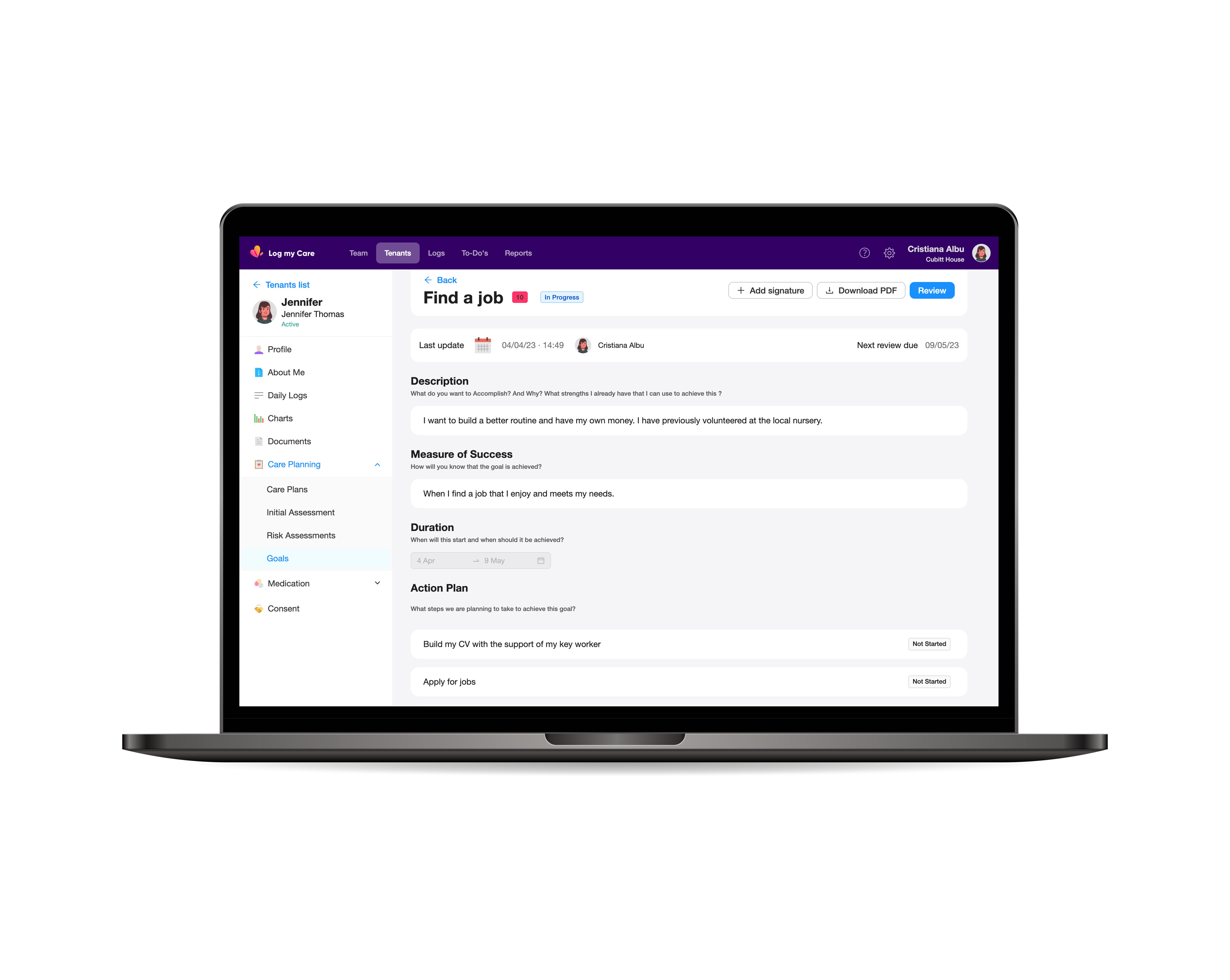 Outcomes and Goals | Log my Care