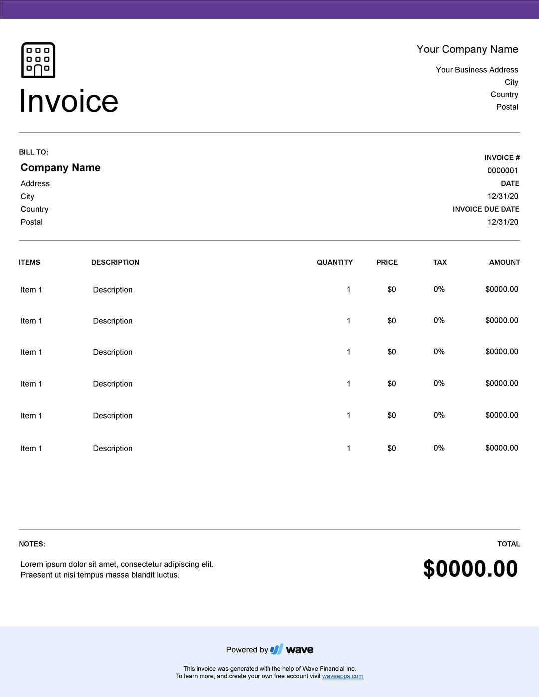 Hotel Invoice Template - Wave Financial