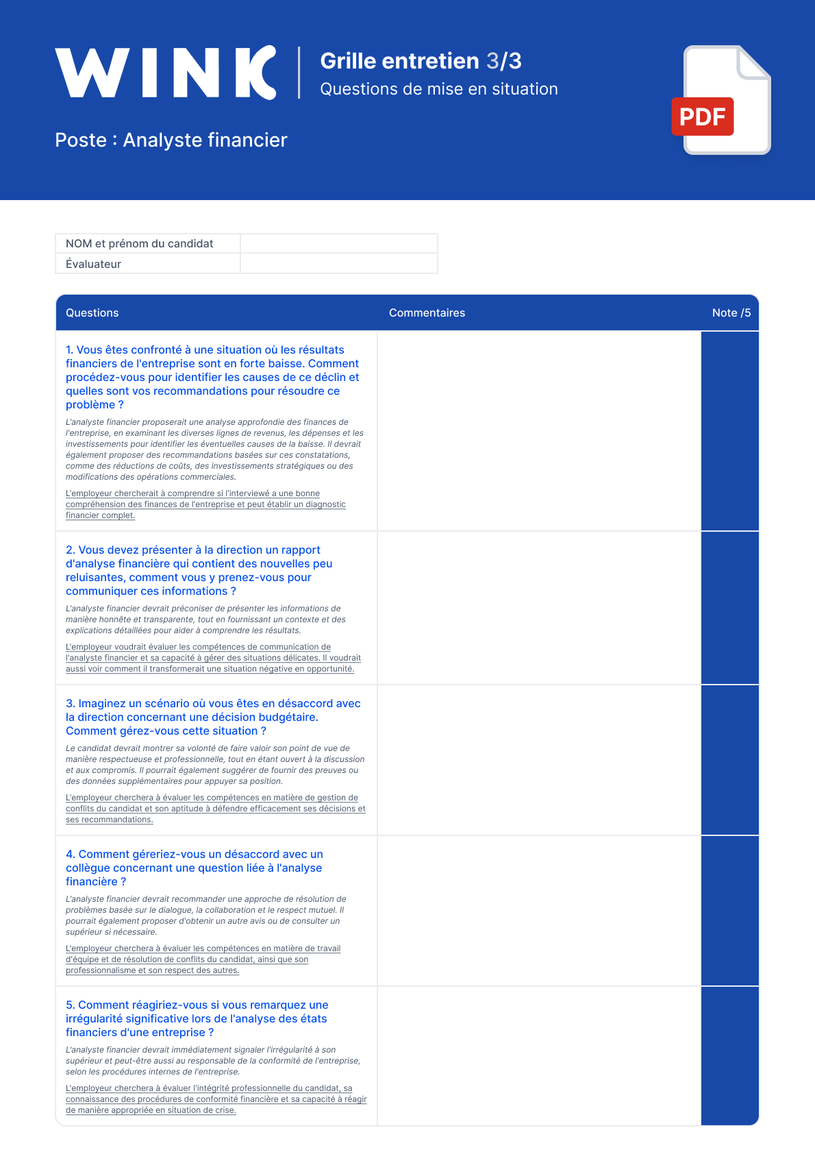 [Modèle] Grille d'évaluation entretien : Analyste financier