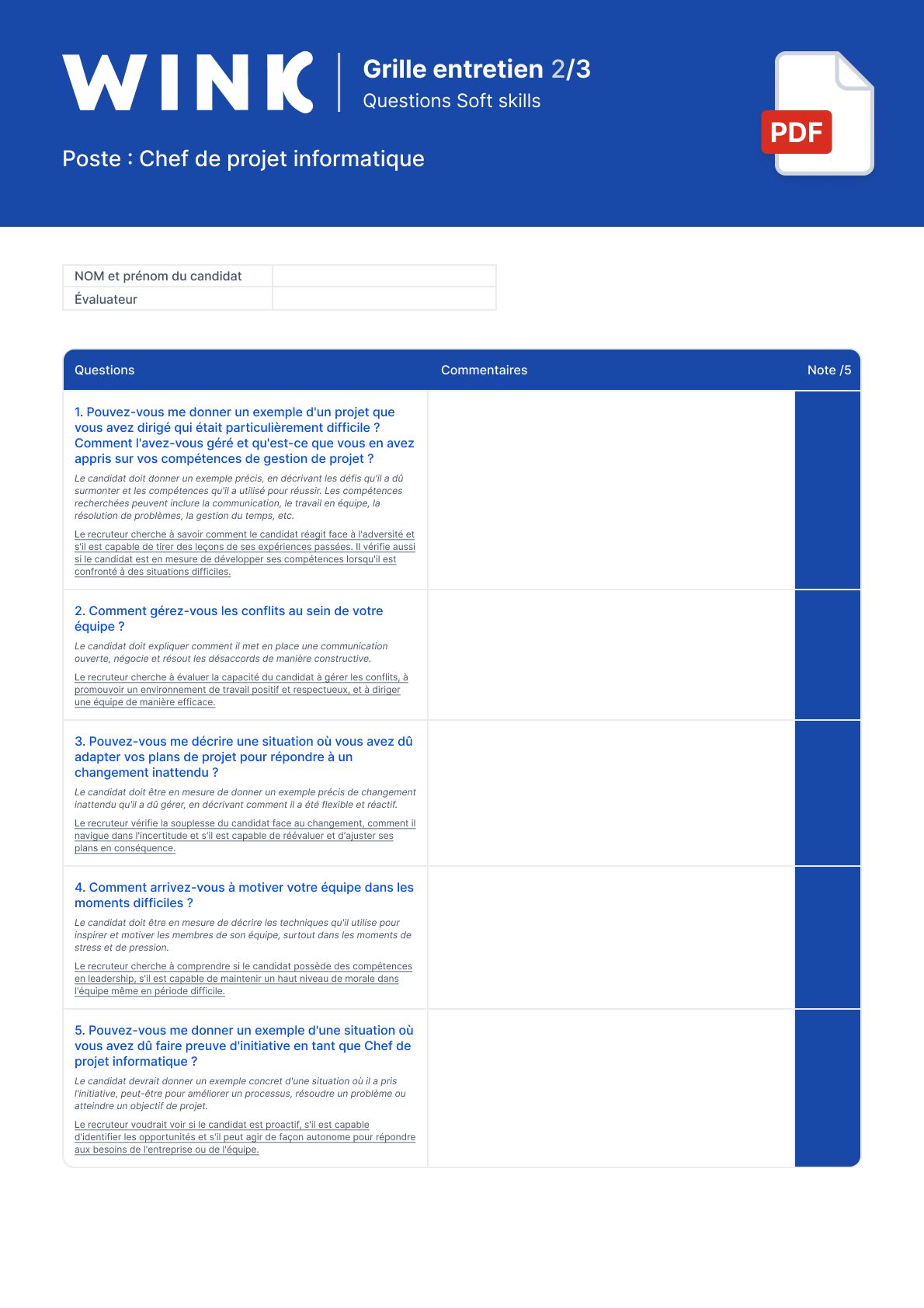 [Modèle] Grille d'évaluation entretien : Chef de projet informatique