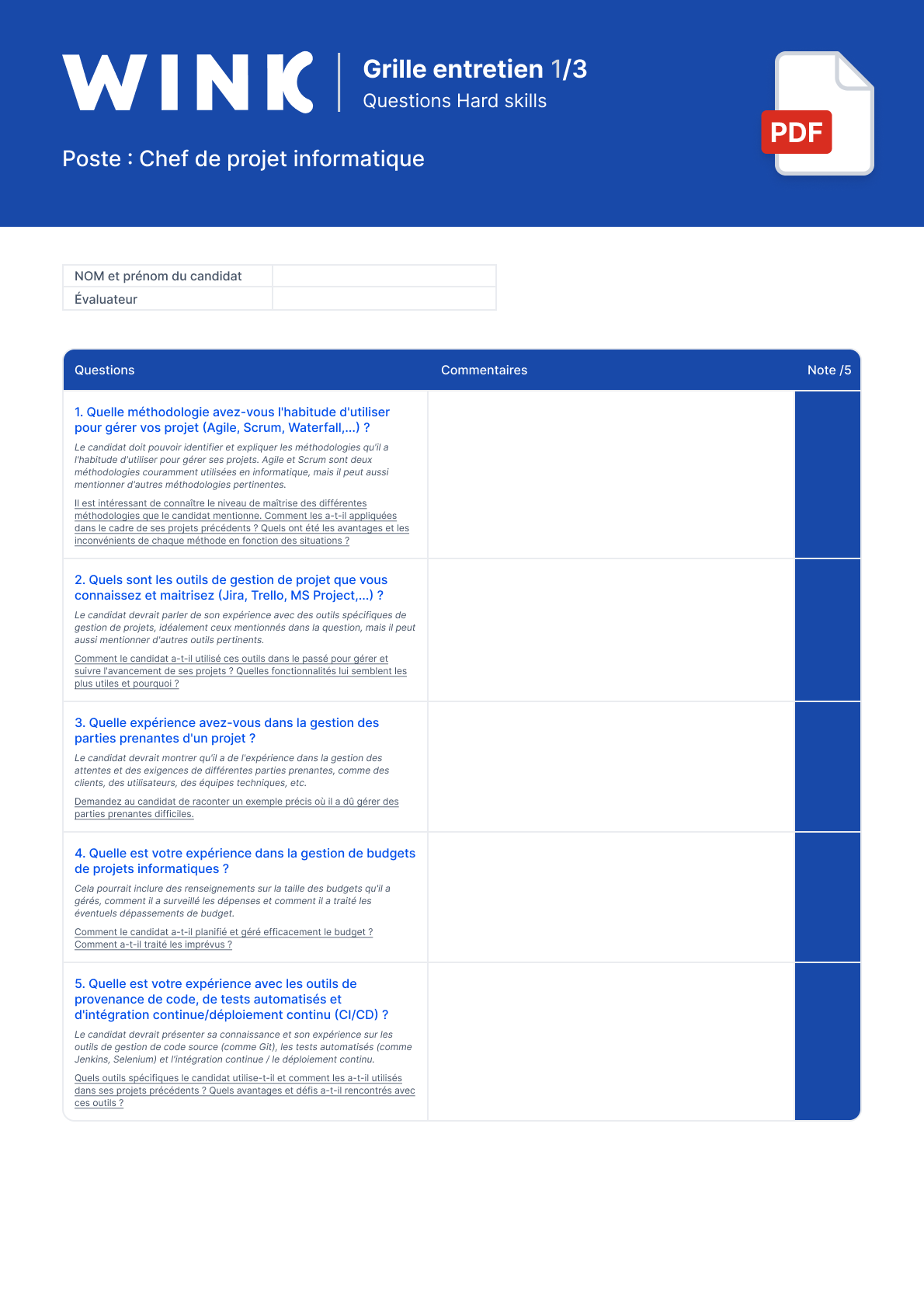 [Modèle] Grille d'évaluation entretien : Chef de projet informatique