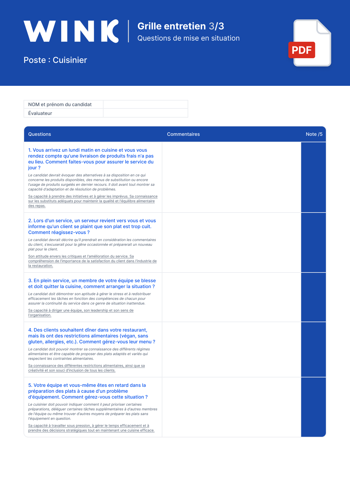 [Modèle] Grille d'évaluation entretien : Cuisinier