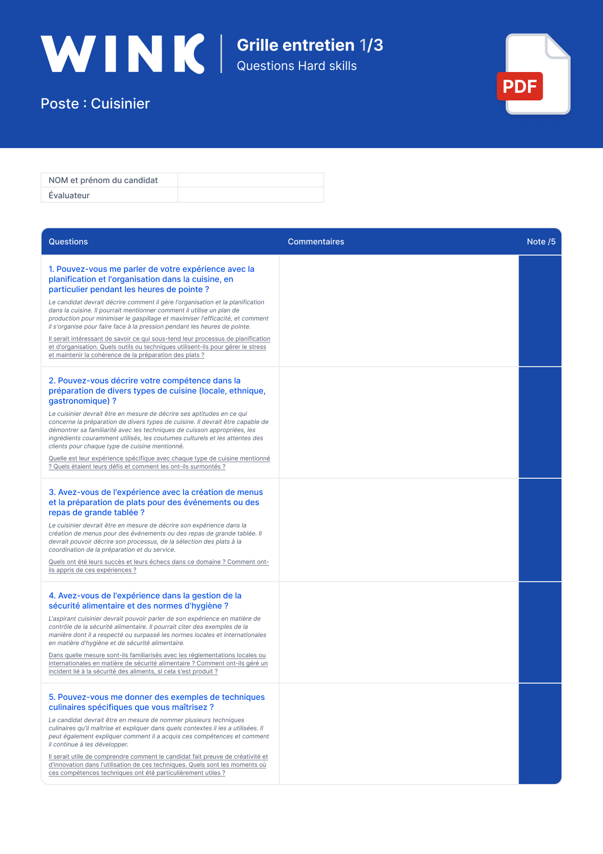 [Modèle] Grille d'évaluation entretien : Cuisinier