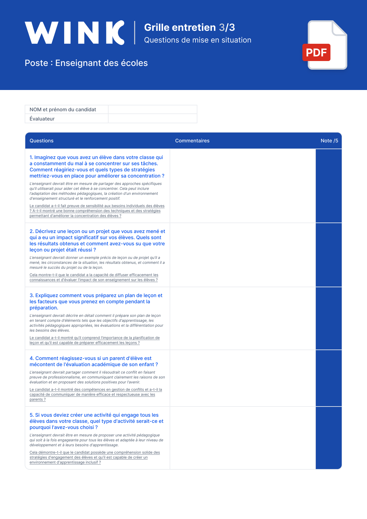 [Modèle] Grille d'évaluation entretien : Enseignant des écoles