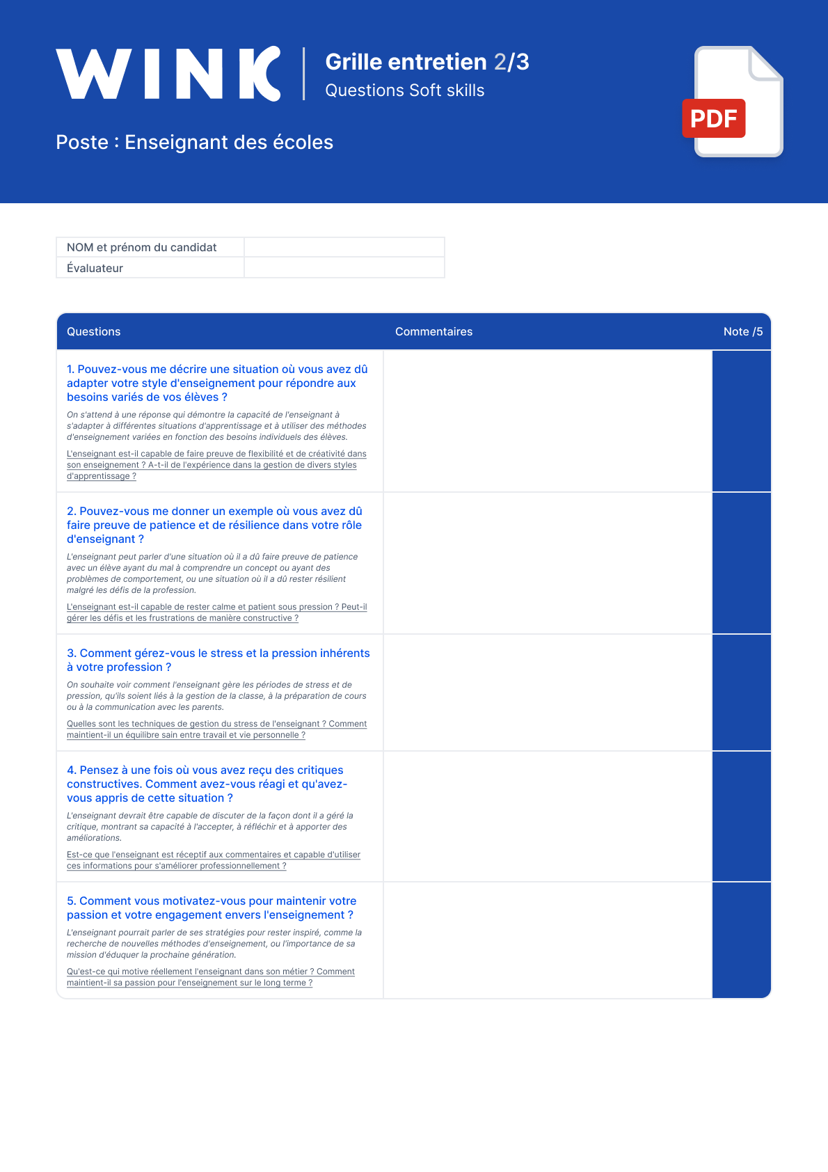 [Modèle] Grille d'évaluation entretien : Enseignant des écoles