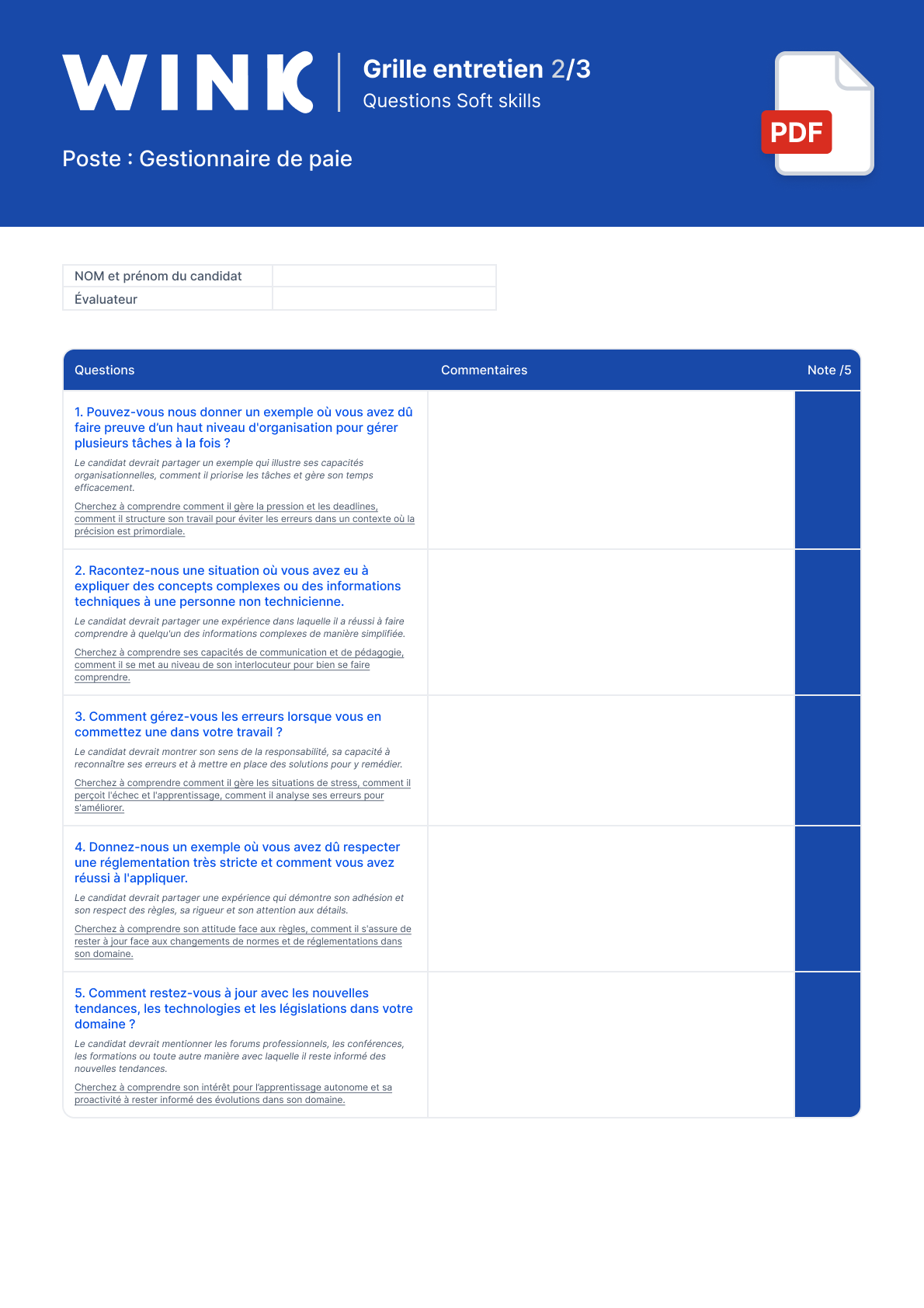 [Modèle] Grille d'évaluation entretien : Gestionnaire paie