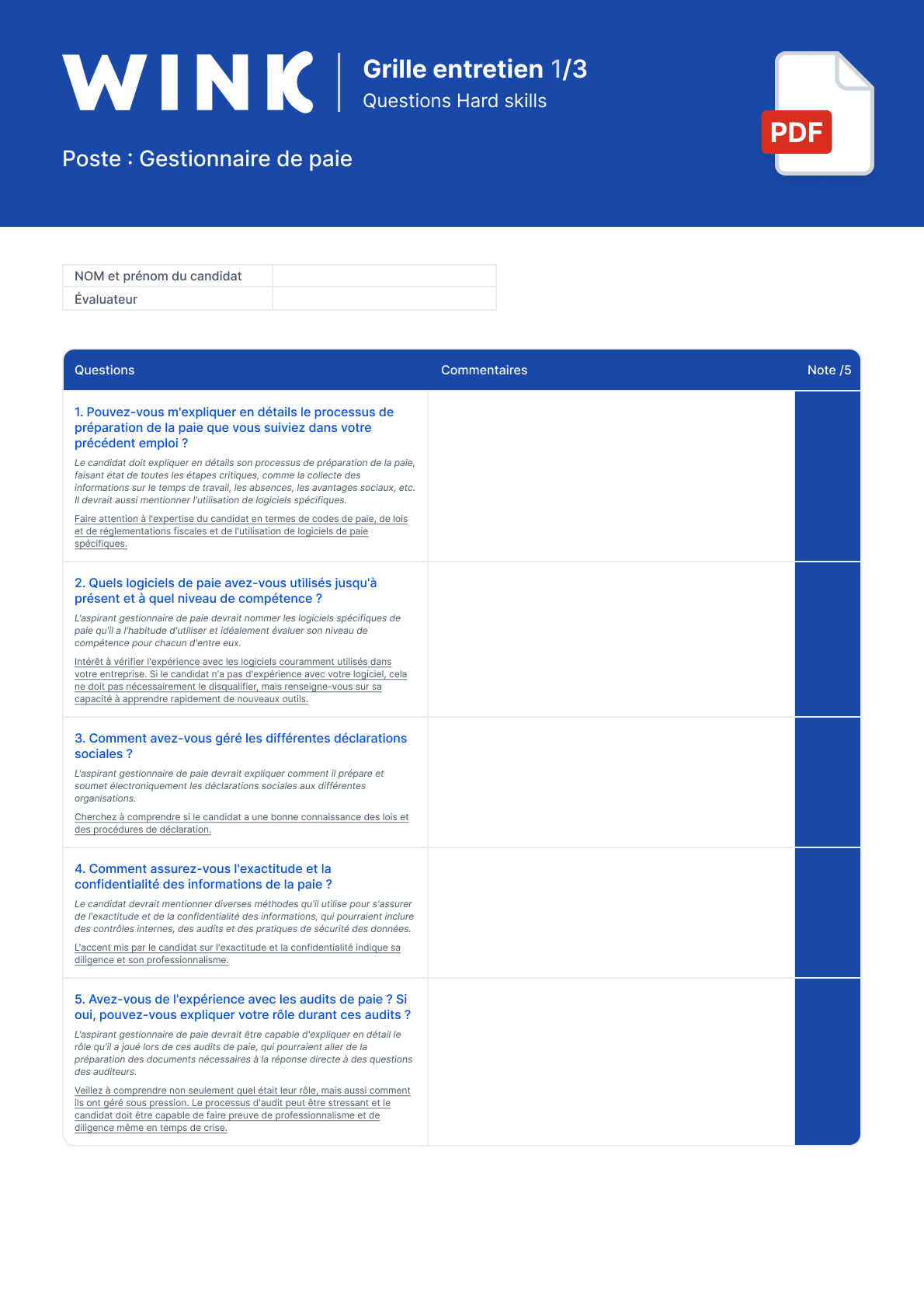 [Modèle] Grille d'évaluation entretien : Gestionnaire paie