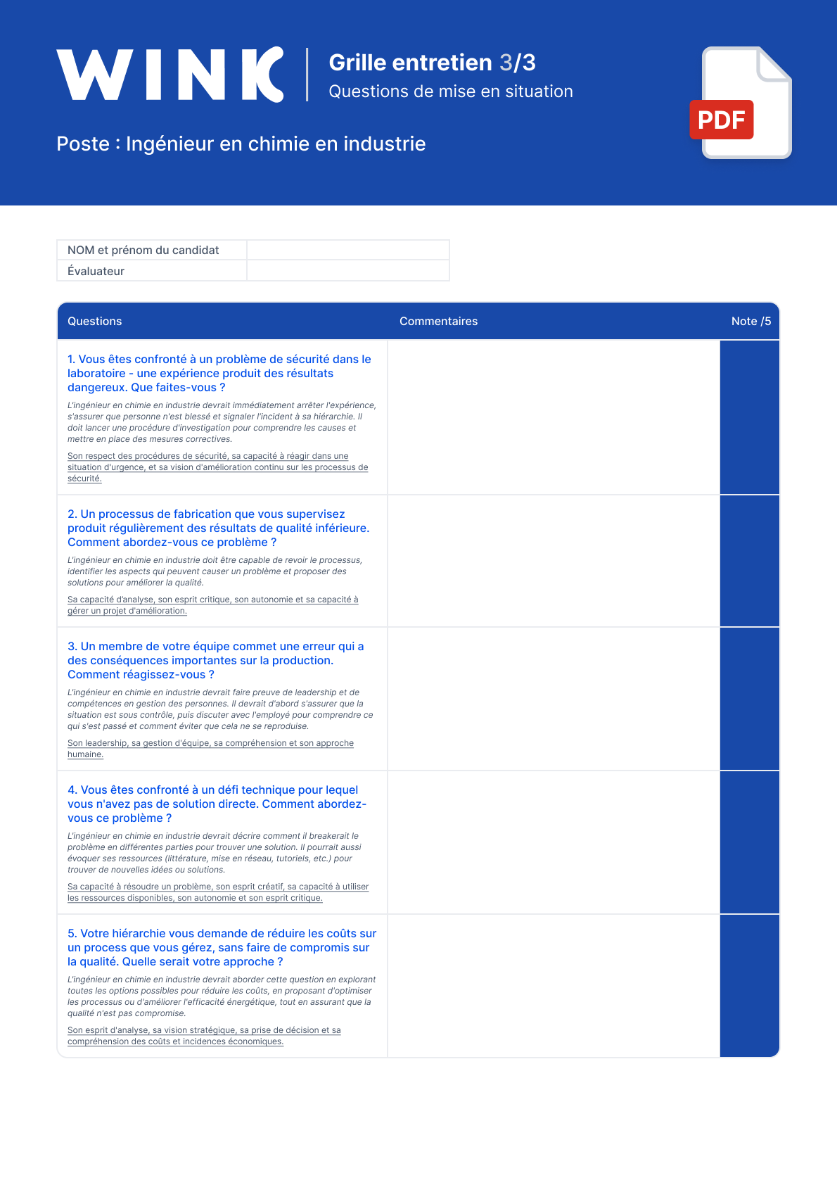 [Modèle] Grille d'évaluation entretien : Ingénieur en chimie en industrie