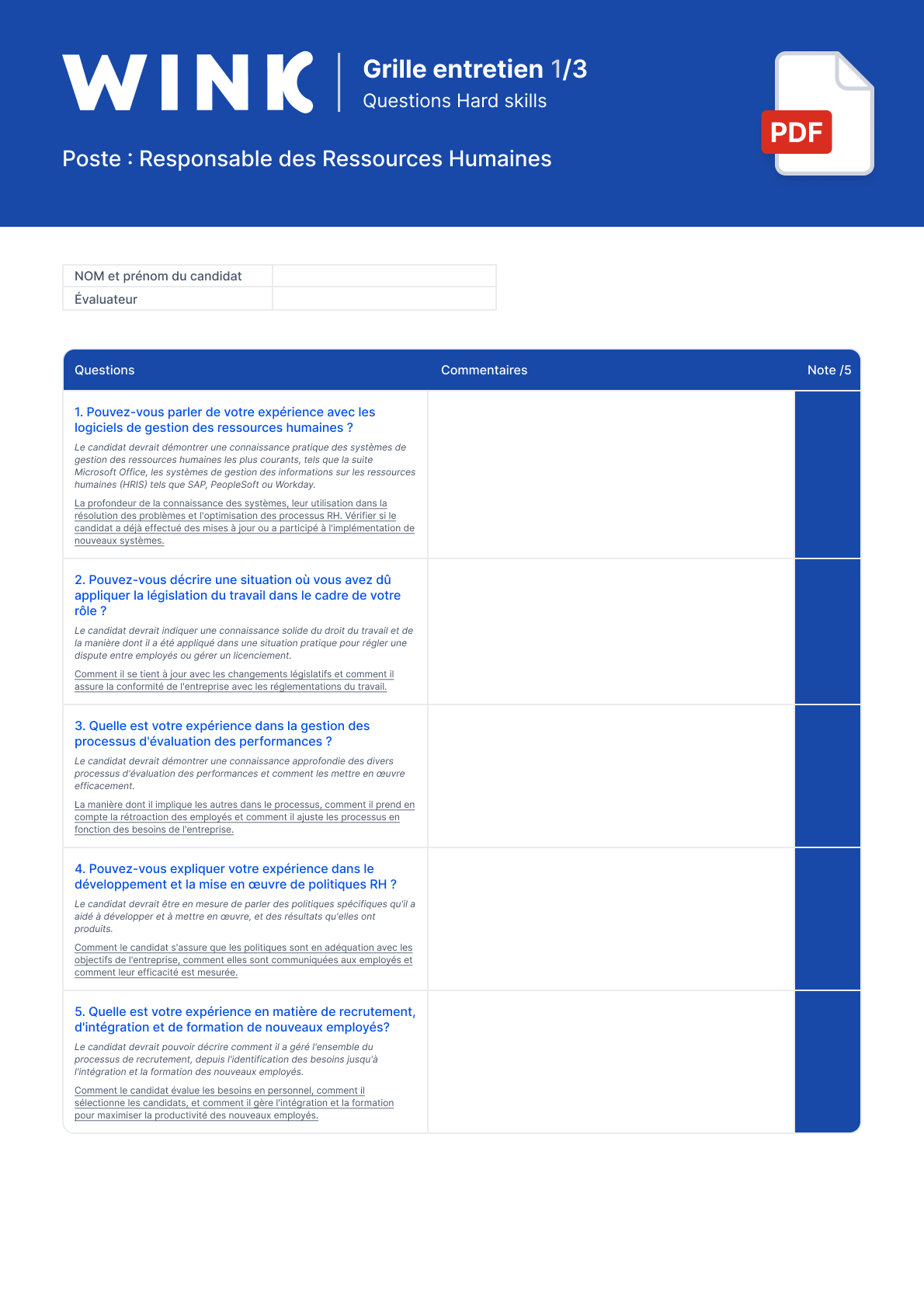 [Modèle] Grille d'évaluation entretien : Responsable des Ressources Humaines