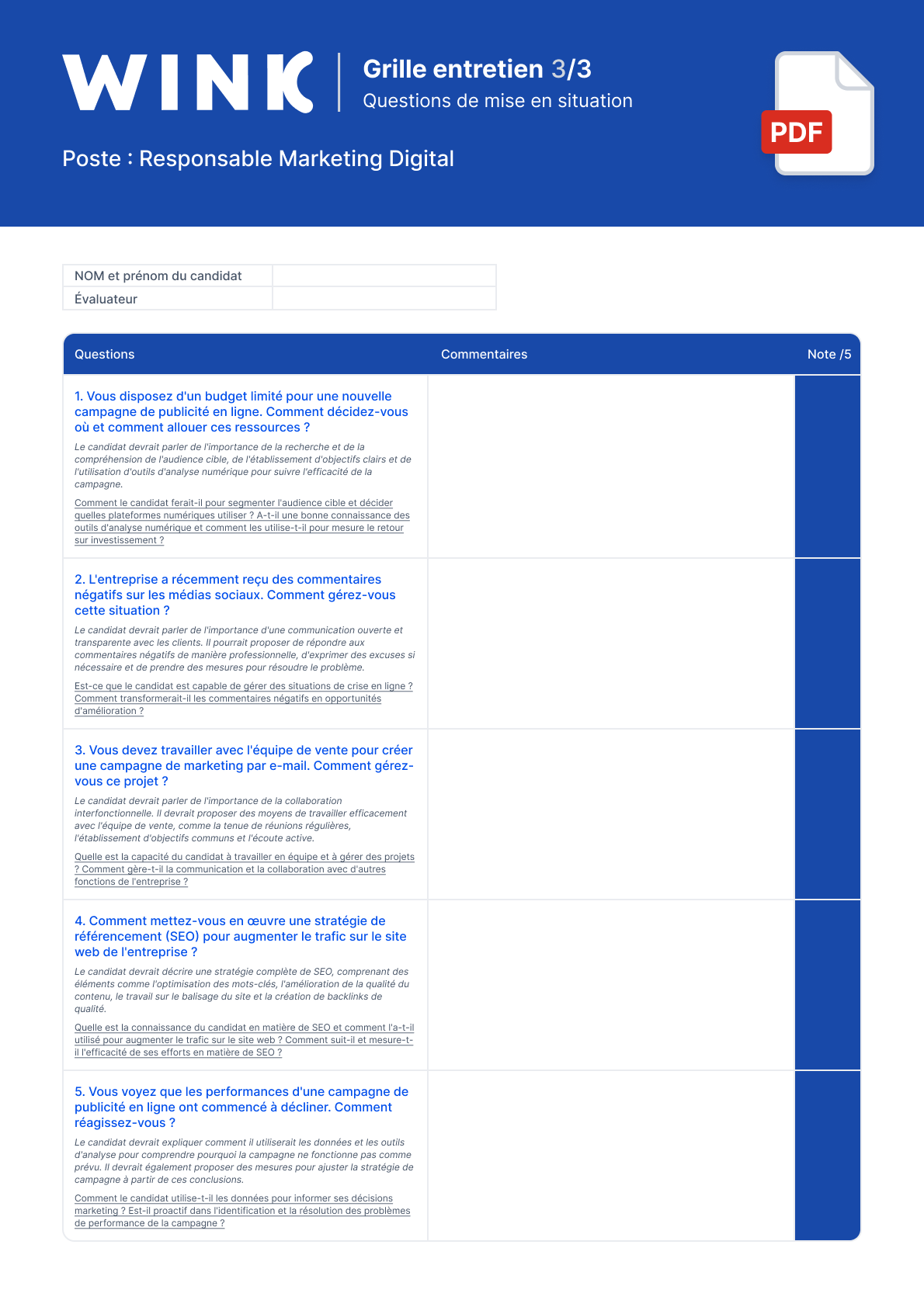 [Modèle] Grille d'évaluation entretien : Responsable marketing digital