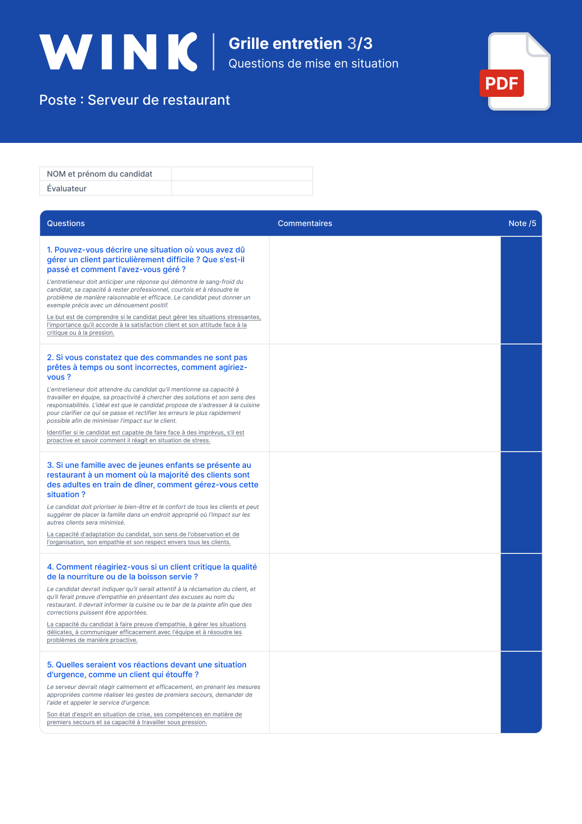 [Modèle] Grille d'évaluation entretien : Serveur de restaurant