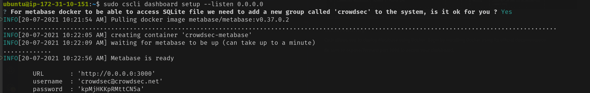 You can now log in to Metabase using the generated credentials.