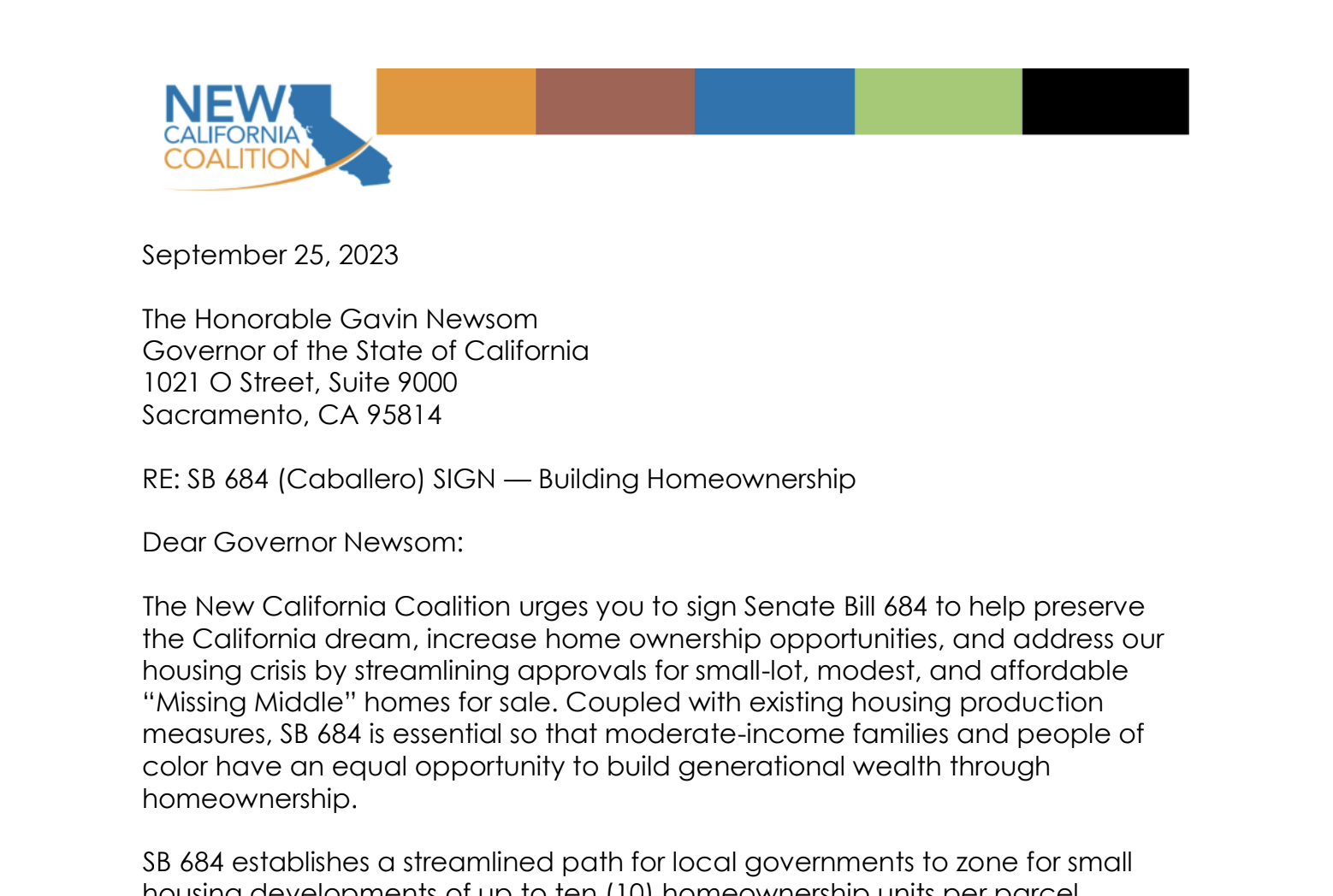 Letter: NCC Support Letter for Building Homeownership - SB 684