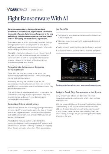 Fight Ransomware With AI | Data Sheet | Resources | Darktrace