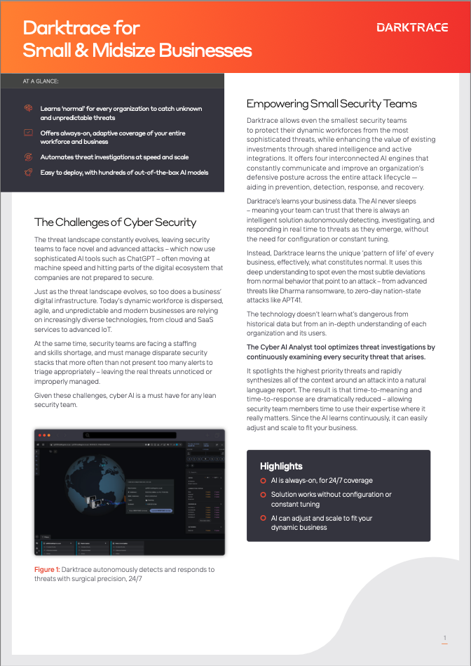 Darktrace for Small & Midsize Businesses | Data Sheet | Darktrace Resource