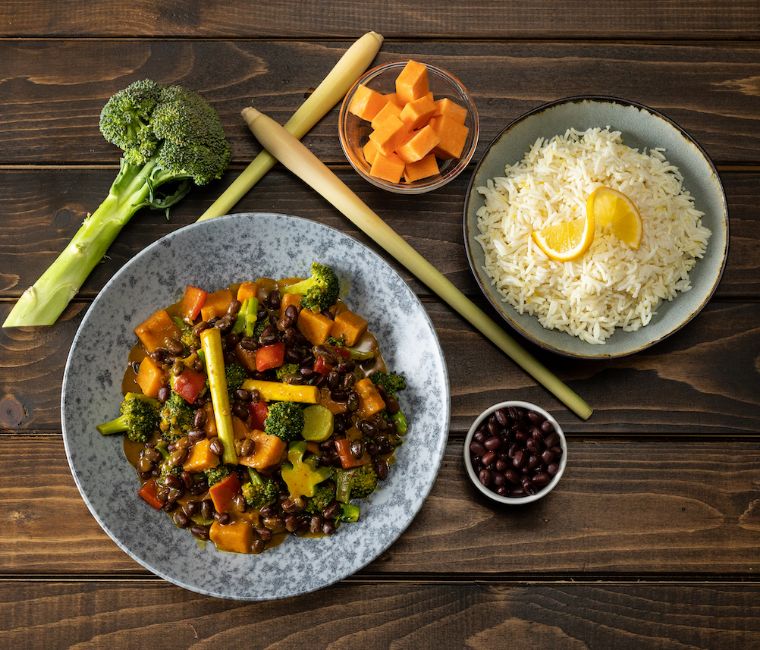 Adzuki Bean, Sweet Potato, Broccoli and Coconut Milk Curry with Lemon Rice