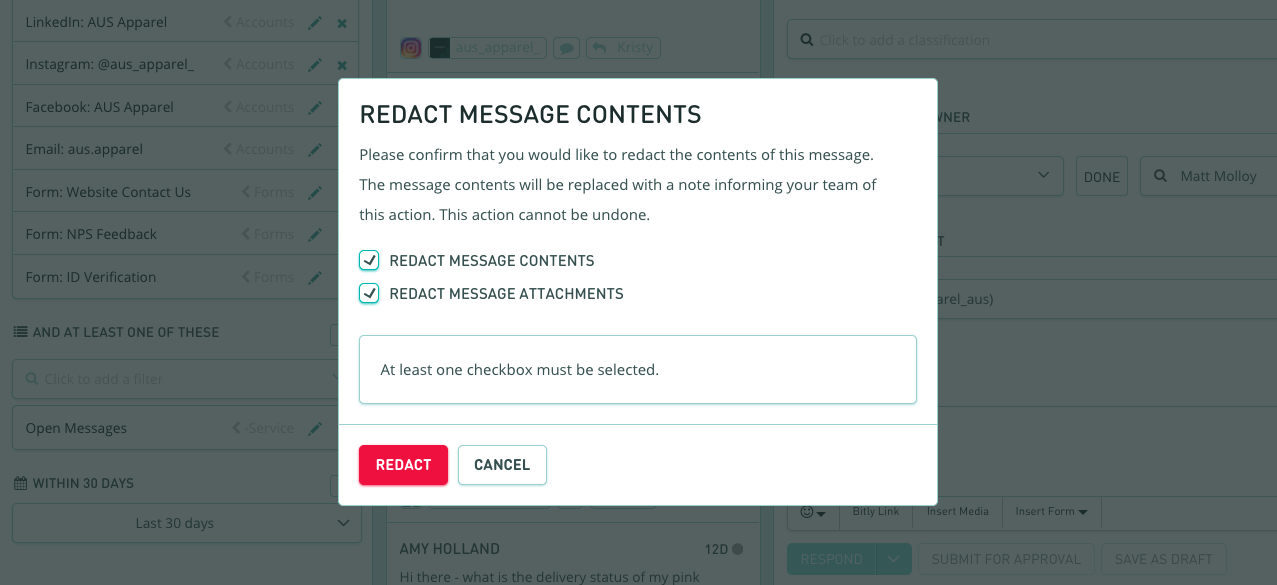Engage > Respond > Redact messages